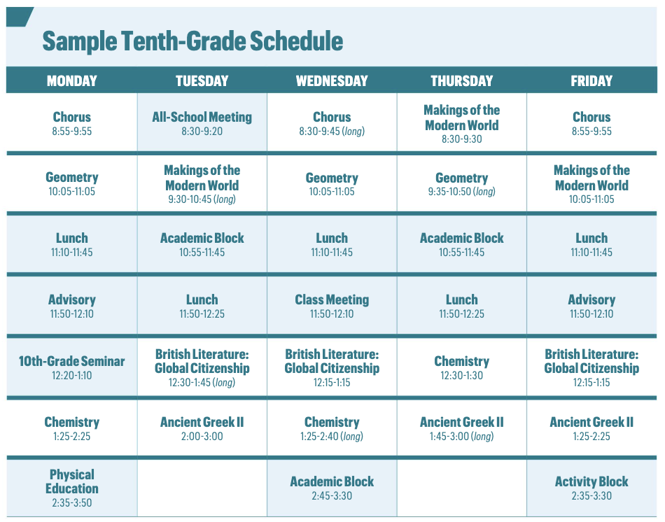 Sample Schedules | Boston University Academy